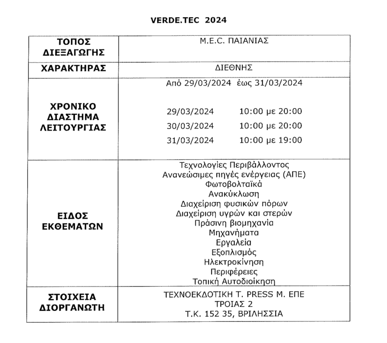 Προσεχής εμπορική έκθεση VERDE.TEC 2024 - ΓΕΝΙΚΗ ΓΡΑΜΜΑΤΕΙΑ ΕΜΠΟΡΙΟΥ